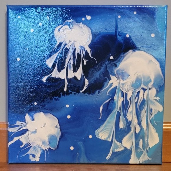 Art | 12x12 Jellyfish Themed Acrylic On Canvas Pour Painting | Poshmark